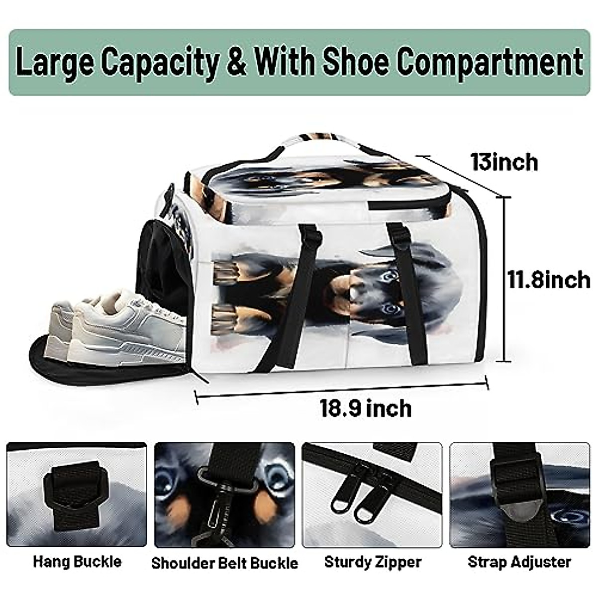 Dog Cute Rottweiler Gym Duffle Bag for Traveling Sports Tote Gym Bag with Shoes Compartment Water-resistant Workout Bag Weekender Bag Backpack for Men Women