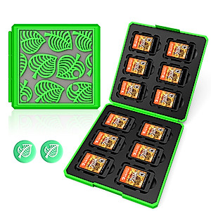 UFOPETIE Card Case for Nintendo Switch Game Card,Compatible with Nintendo Switch Case Animal Crossing Theme,Game Case for Animal Crossing Cards,for Switch Accessories-Leaf Grey-Thumb Grip 2PCS