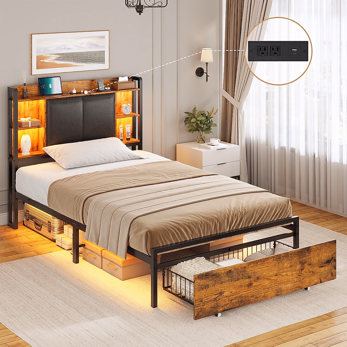 AOGLLATI Twin Bed Frames with Headboard and 2 Storage Drawers, Twin Bed Frame with Charging Station and Led Lights, Modern Upholstered Brown Led Bed Frame Twin,No Box Spring Needed, Vintage