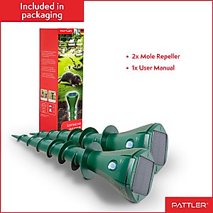 PATTLER® Mole Repellent Solar Powered | Innovative Screw-Shape Design | 8,000 Sq Ft Coverage | Best Snake Repellent for Yard, Great for Getting Rid of Moles and Voles | Gopher Repellent | 2 Units