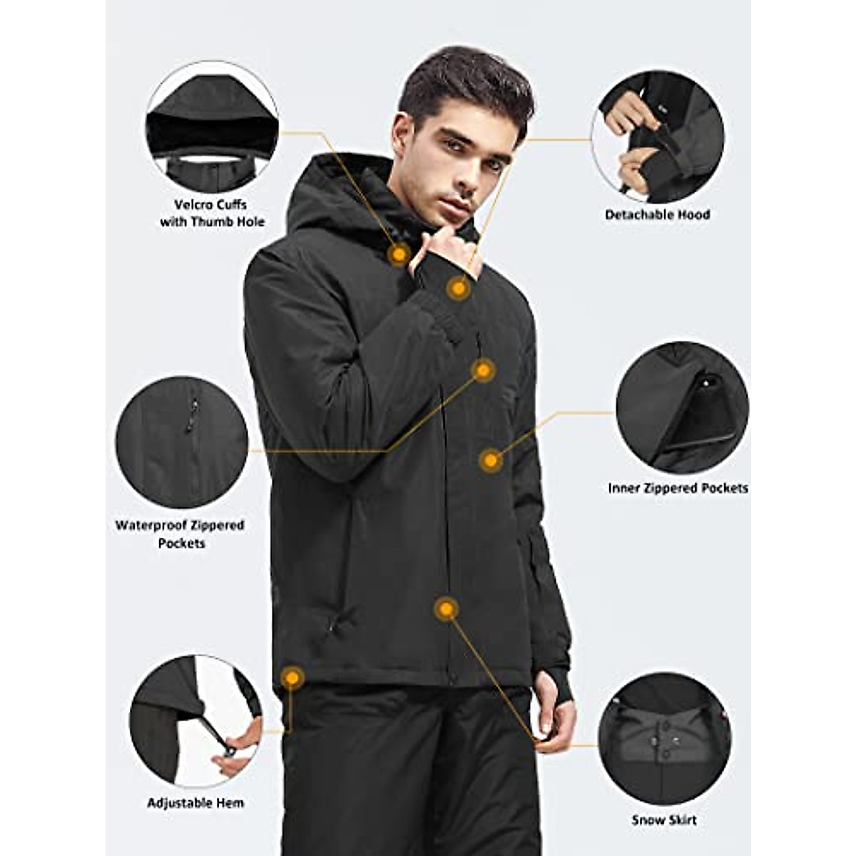 FREE SOLDIER Men's Waterproof Ski Snow Jacket Fleece Lined Warm Winter Rain Jacket with Hood Fully Taped Seams(Black,XL)