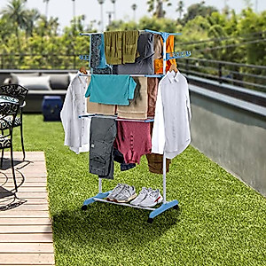 Finnhomy Clothes Drying Rack, 3-Tier Foldable Horses Drying Rack Clothing with 2 Wings, Rolling Laundry Drying Rack with Wheels for Indoor & Outdoor Use, Collapsible Laundry Rack, Blue