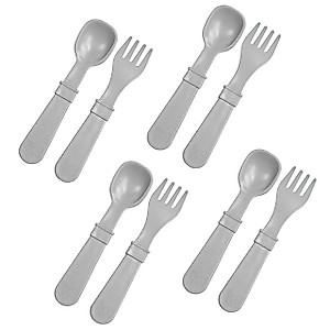 Re-Play Made in USA Toddler Forks and Spoons, Pack of 8 Without Carrying Case - 4 Kids Forks with Rounded Tips and 4 Deep Scoop Toddler Spoons - 0.2" Thick Toddler Utensils, Grey