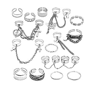 ZZ ZINFANDEL Gothic Punk Chain Finger Rings Set, 17PCS Adjustable Stackable Vintage Silver Rings for Women Men,Happy Cross Butterfly Knuckle Rings (Silver)