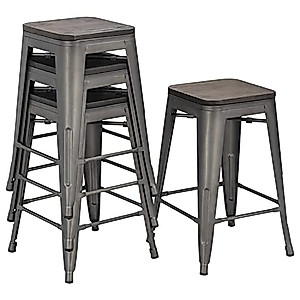 Yaheetech 24'' Counter Height Barstools 4PCS Metal Chairs Barstools for Patio with Wood Seat for Indoor and Outdoor, Gun Metal