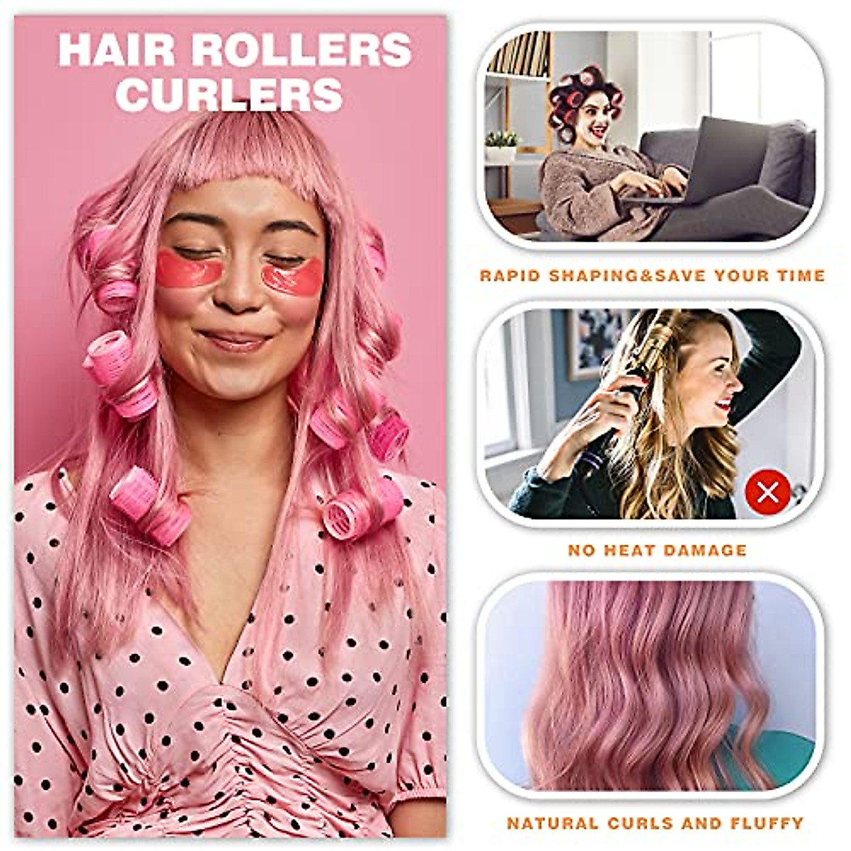 Velcro Volume Hair Rollers Set - 12 Jumbo Self-Grip Heatless Curlers for Long, Medium, Short, Thick, Fine, and Thin Hair with Bangs (3 Sizes)