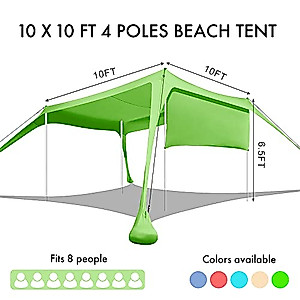easierhike Beach Sunshade with Side Wall Shade Windproof Design,Sun Shelter UPF50+ Portable Family Canopy Tent Anchors 10x10 FT 4 Poles Pop Up Outdoor Shelter for Beach,Backyard and Picnics