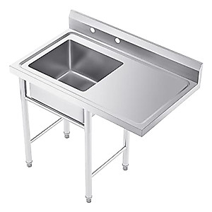 WILPREP Commercial Stainless Steel Utility Sink, Single Compartment Kitchen Sink with Storage Sink Strainer and Splash Guard, Portable Sink with Work Table & Adjustable Feet, 39" W x 24" D