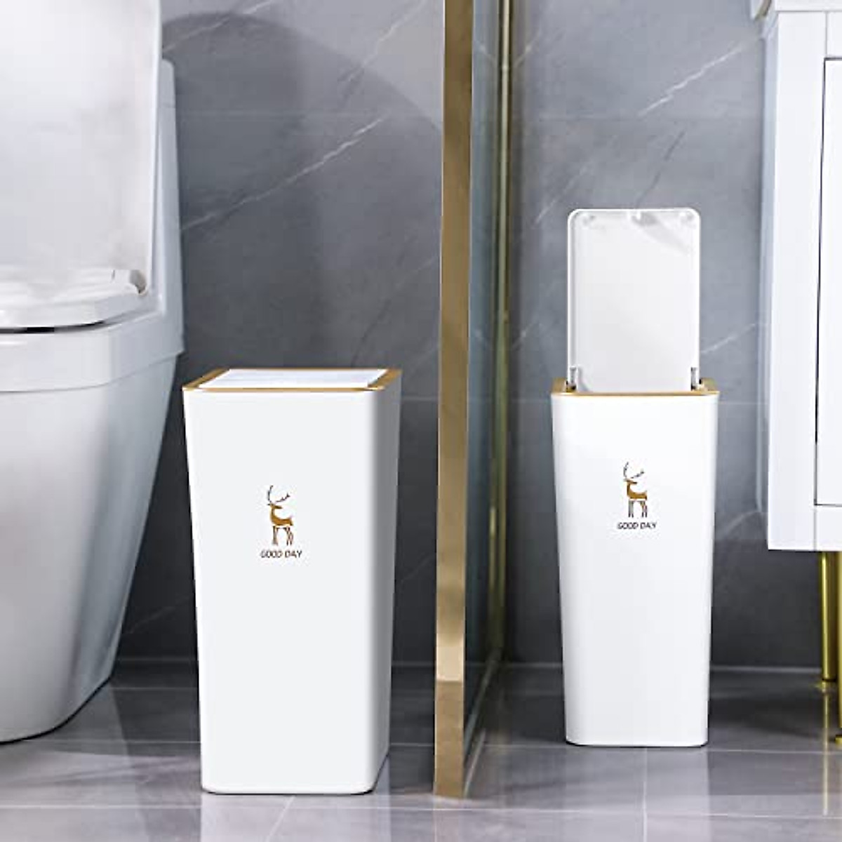 funest 2 Packs Bathroom Trash Can with Lid, Dogproof Wastebasket with Press Type Lid, Plastic Kitchen Waste Bins, Bathroom Garbage Bin Set for Home/Office/Rv/Bedroom（2 Packs,3.4+2.3 Gallon）