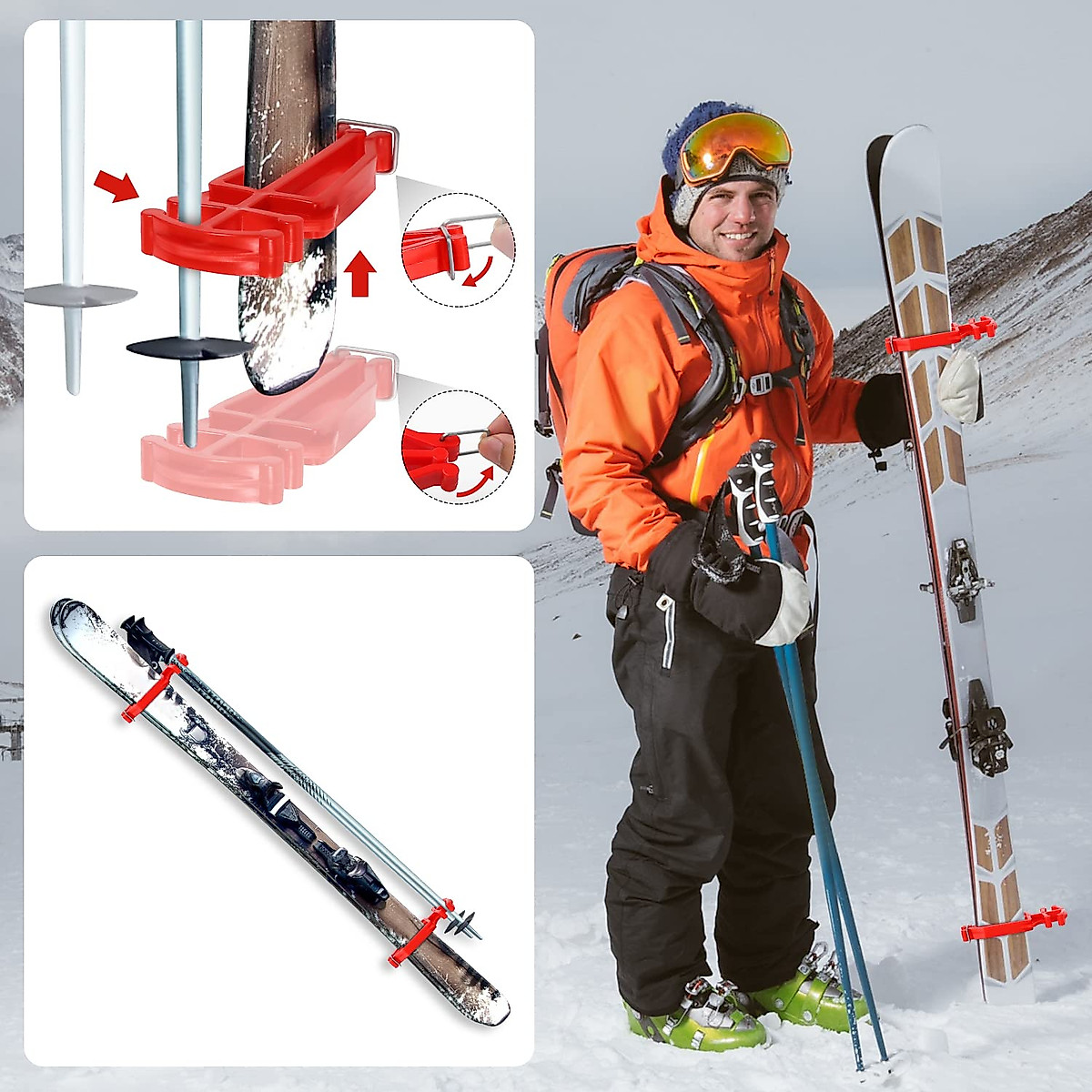 BOXOB Cross Country Skis and Poles Holder, Universal Ski Pole Clips Holder Ski Pole Carrier Ski Accessories, 1 Pair, Red