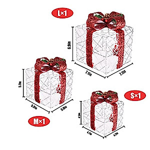 COVFEVER Lighted Gift Boxes Set of 3, Battery Operated Light Up Present Boxes Waterproof for Xmas Tree, Indoor Outdoor Christmas Decorations (Red Bow)