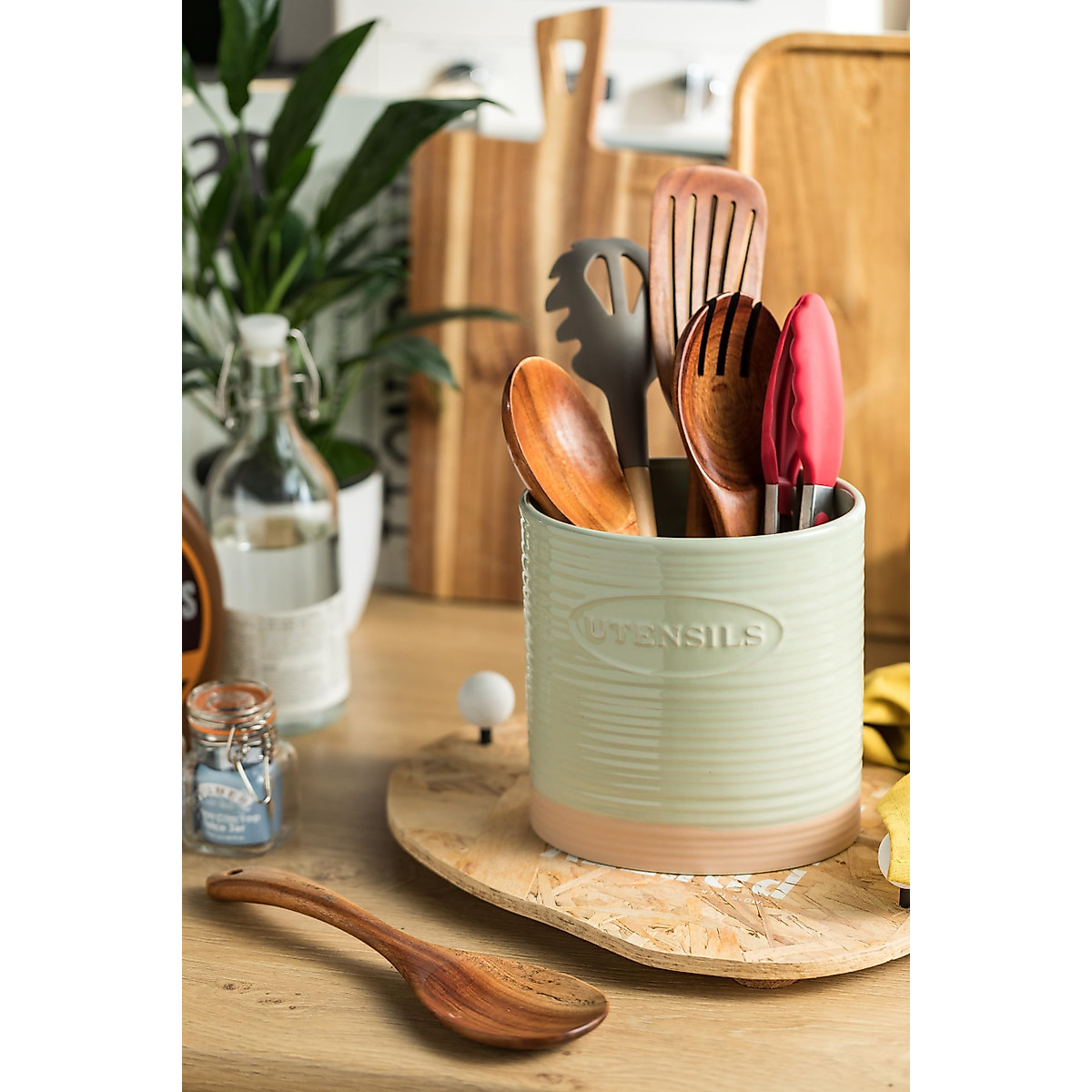 YHOSSEUN Kitchen Utensil Holder, Ceramic Utensil Holder for Kitchen Counter Cooking Utensil Crocks, 6.7" Kitchen Tool Holder Farmhouse Utensil Organizer Storage, Oval Opening, Green