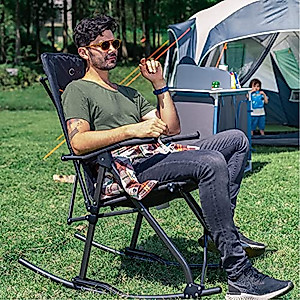 PORTAL Folding Camping Rocking Chairs Outdoor Mesh Patio Rocker Recliner Chairs with High Back Hard Armrest Support 300 lbs, Black