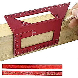 Aluminum Alloy Saddle Layout Square Gauge with 2 Pencils,Multifunctional 45/90 Degree Angle T Ruler 3D Mitre Angle Woodworking Measuring Tools