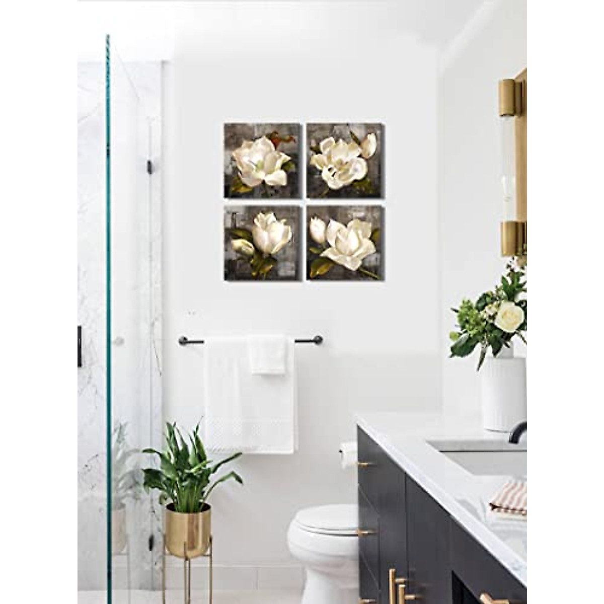 Brown Wall Art Brown Flower Canvas Print for Bathroom Living Room Kitchen Decor Rustic Brown Wall Decor White Flowers Magnolia Floral Canvas Print Art 12x12inchx4pcs