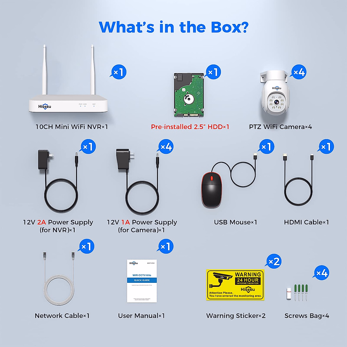 Hiseeu 5MP Wireless PTZ Security Camera System, Indoor Outdoor IP66 Waterproof WiFi Camera, 4K 10CH NVR, 2-Way Audio, Motion Detection Alarm, 24/7 Surveillance, 1TB Hard Drive (Plug-in Power Supply)