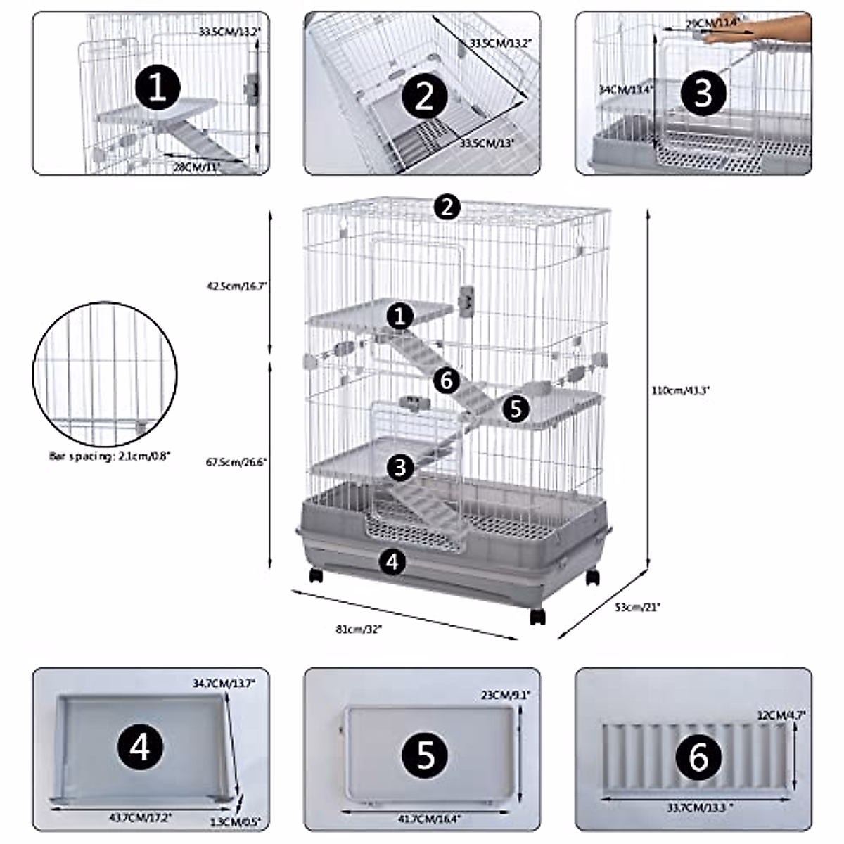 Gecheer 4-Tier 32" Small Animal Metal Cage Height Adjustable with Lockable Casters Grilles Pull-Out Tray for Rabbit Chinchilla Ferret Bunny Guinea Pig Squirrel Hedgehog Grey