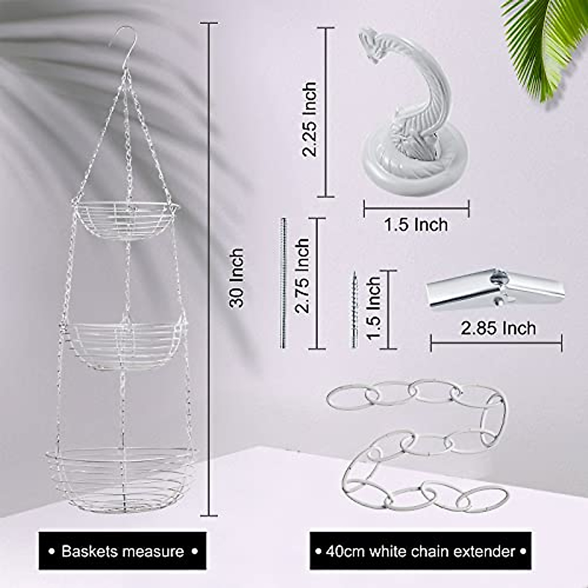 Hotop 3-Tier Hanging Fruit Basket Vegetable Storage Wire Basket with 16 Inch Fixture Chain and Ceiling Hook for Putting Fruit Vegetables Snacks Household Items (White)