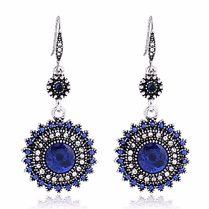 AILUOR Vintage Round Blue Sapphire Sunflowers Dangle Earrings, Women's Unique Retro Colorful Ethnic Bohemian Earrings Jewelry for Women (Blue)