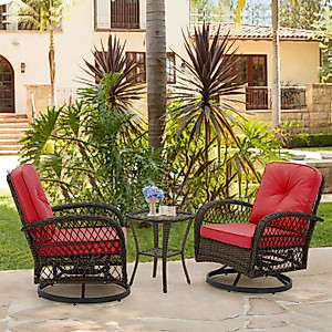 EROMMY 3 Pieces Outdoor Swivel Rocker Patio Chairs, 360 Degree Rocking Patio Conversation Set with Thickened Cushions and Glass Coffee Table for Backyard, Wine Red