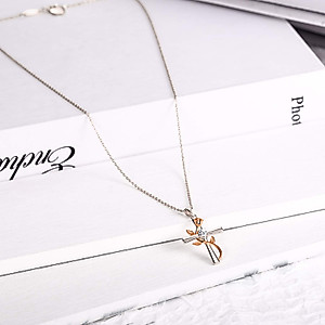 BlingGem Cross Necklace for Women Rose Cross Pendant 925 Sterling Silver Rose Gold-Plated Flower Dainty Religious Cross Necklace Birthday Jewelry Gifts for Women Wife Mom