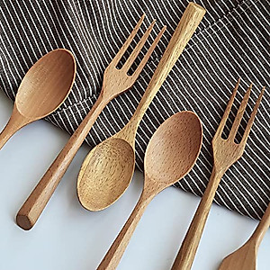 HIKOAN Triangular Handle Wooden Spoon Fork Set Dessert Wooden Spoon Wooden Fork Student Portable Spoon Fork Beechwoodspoon