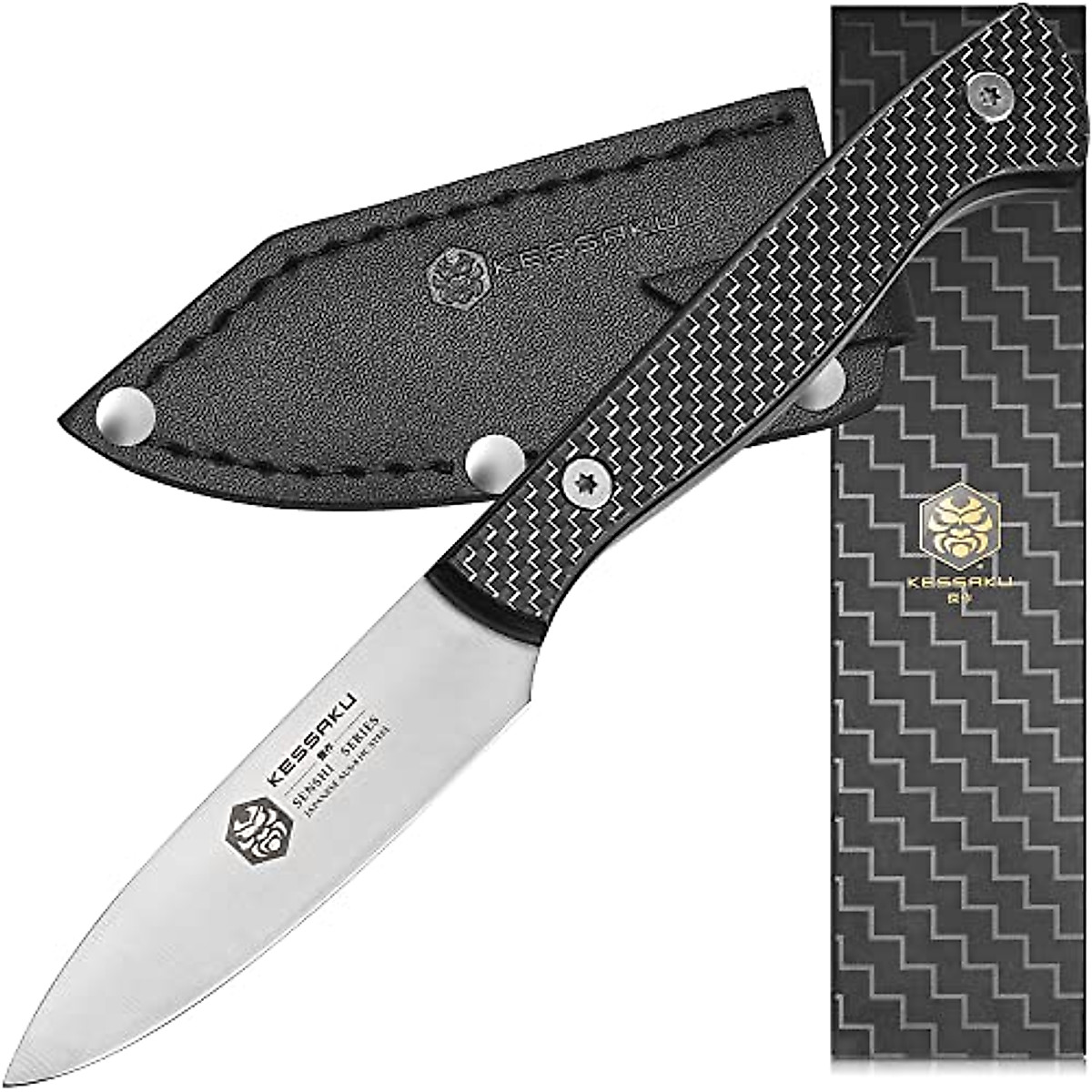 KESSAKU 3.5-Inch Paring Knife - Senshi Series - Forged Japanese AUS-8 High Carbon Stainless Steel - Carbon Fiber G10 Handle with Sheath