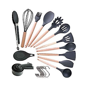 LMMDP Beech Silicone Kitchen Tools Set Cooking Tools Utensils Set Spatula Shovel Soup Spoon with Wooden Handle Special Heat-resistant Design