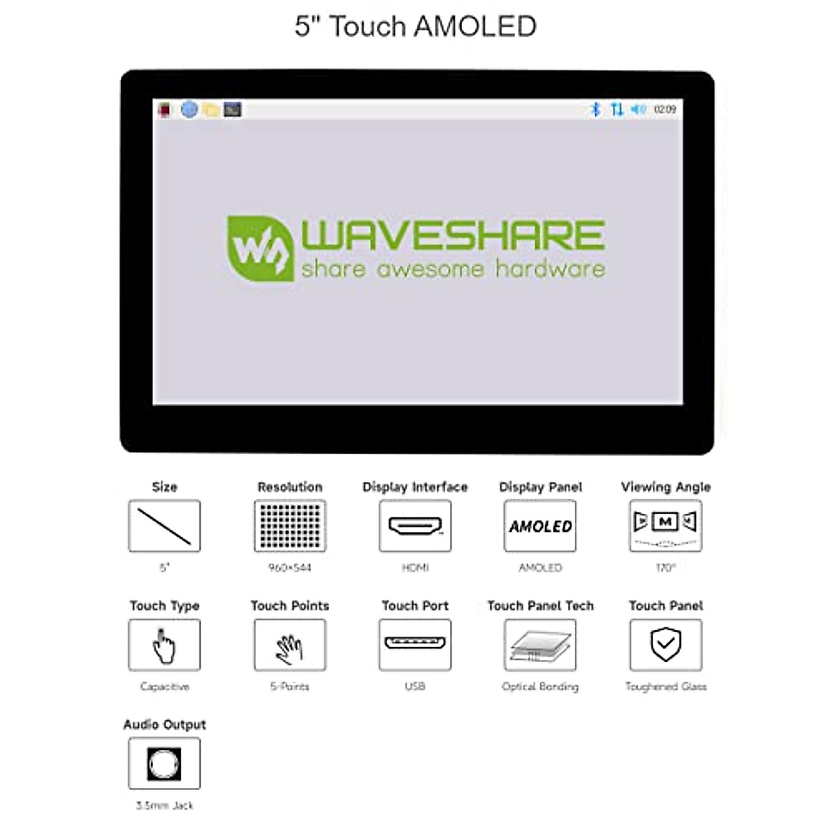 waveshare 5inch Capacitive Touch AMOLED Display Compatible with Raspberry Pi 5/4B/3B+/3A+/2B/B+/A+/Zero/Zero W/WH/Zero 2W CM3+/4 960×544 Resolution HDMI Optical Bonding Supports Jetson Nano/Windows
