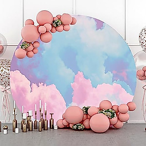 AWERT Polyester Diameter 7ft Colorful Clouds Round Backdrop Pastel Rainbow Pink Clouds Blue Sky Watercolor Background for Photography Anniversary Wedding Baby Shower Birthday Party Photo Studio Props