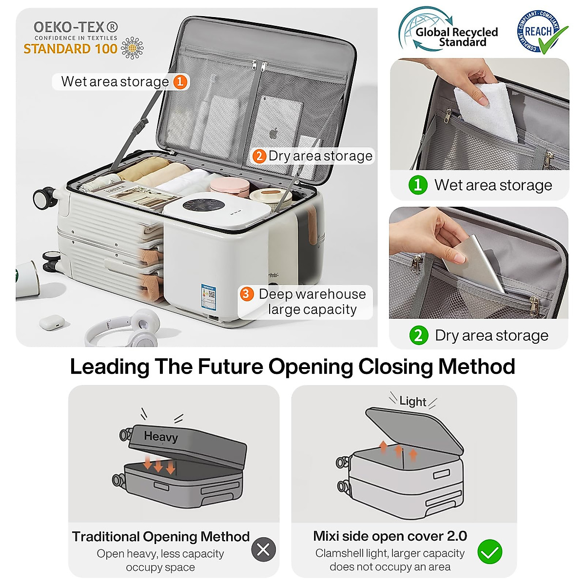 mixi Carry On Luggage with Cup Phone Holder and Charger Hard Shell Suitcases with Spinner Wheels, 20 Inch Smoke White