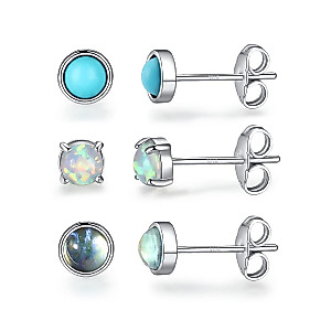 Tsnamer 4mm Hypoallergenic 925 Sterling Silver Post Stud Earrings for Womens Second Hole Earrings for Women Opal Turquoise Moonstone Stud Earrings Jewelry Earrings for Sensitive Ears(3 Pair/set)