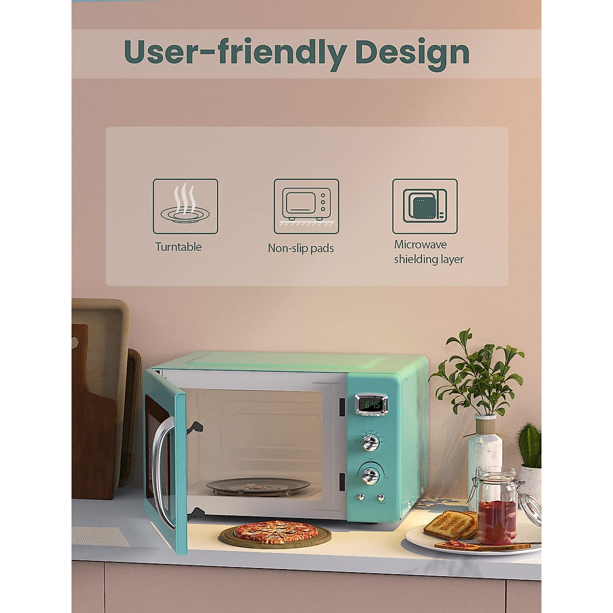 Retro Microwave Oven, SIMOE Compact Countertop Microwave 0.9 cu.ft. 900 W, Defrost & Auto Cooking Function, LED Display, Child Lock and Glass Turntable, ETL Certification