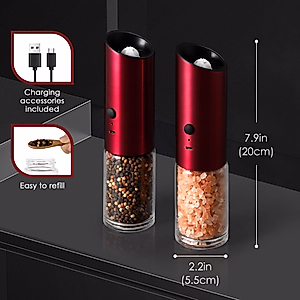 Vzaahu Gravity Electric Pepper and Salt Grinder Set of 2 - Rechargeable, Refillable, Adjustable Coarseness, Stainless Steel Salt Pepper Mill with LED light - One Hand Operation (Red)