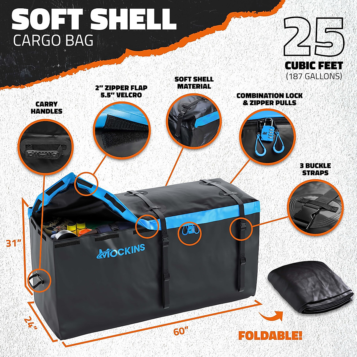 Mockins 60"x24"x6" Folding Trailer Hitch Cargo Carrier w/ 25 CuFt. Soft Vinyl Waterproof Cargo Bag | 500 Lbs. Capacity Car Carrier Cargo Rack & Car Bag Set | Waterproof Truck Bed Storage Accessories