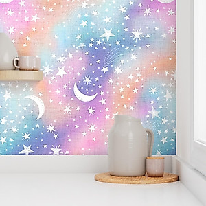 Peel & Stick Wallpaper Swatch - Celestial Rainbow Boho Nursery Ombre Pastel Stars Moon Clouds Night Sky Multicolor Custom Removable Wallpaper by Spoonflower