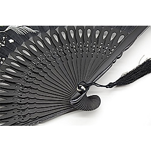 OMyTea Folding Hand Fan for Women - Foldable Japanese Chinese Oriental Vintage Retro Bamboo Silk Fan - for Church, Decoration, Hot Flash, Dance, Performance, Party, Gift (Black Grassflowers)