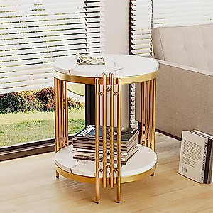 Aklaus Round End Table,Round Side Table with White Faux Marble Top,Bed Side Table/NightStand with Storage Shelves,Gold Side Table End Table Indoor for Living Room Bedroom Balcony SofaCouch Hall
