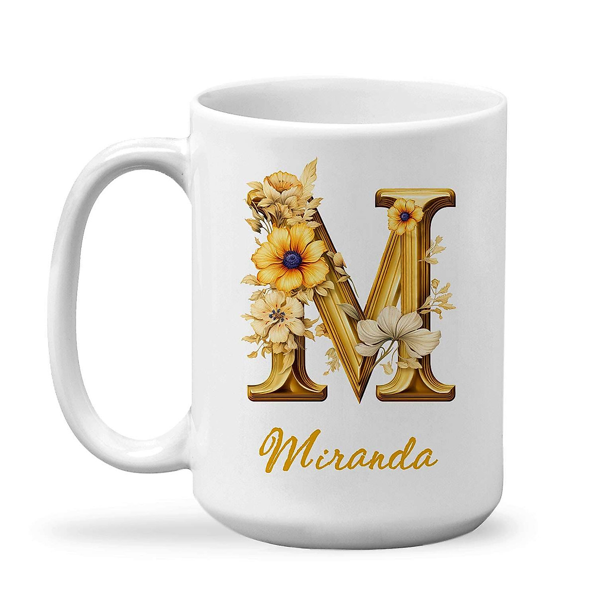 Personalized Floral Initial Letter M Name Ceramic Cups - Customized Name White Tea Mugs Presents - Floral Letter M Alphabet Coffee Mugs - Monogram Wedding Gifts For Bride And Groom