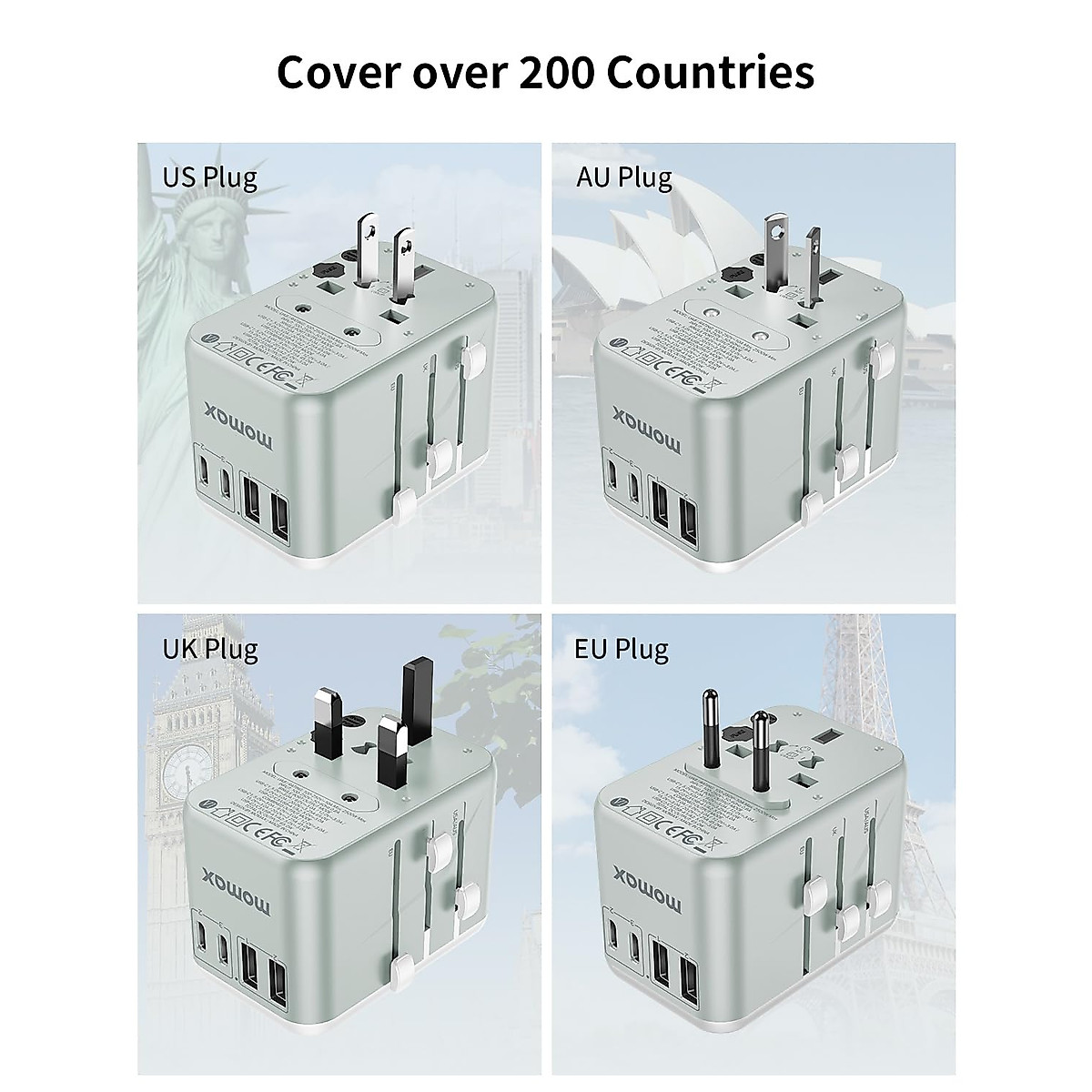 MOMAX Universal Travel Adapter, 70W GaN International Power Adapter, 3 USB-C & 2 USB-A, Worldwide Travel Plug Adapter, International Power Adapter for Most Europe, USA Japan, Australia (Type C/A/G/I)