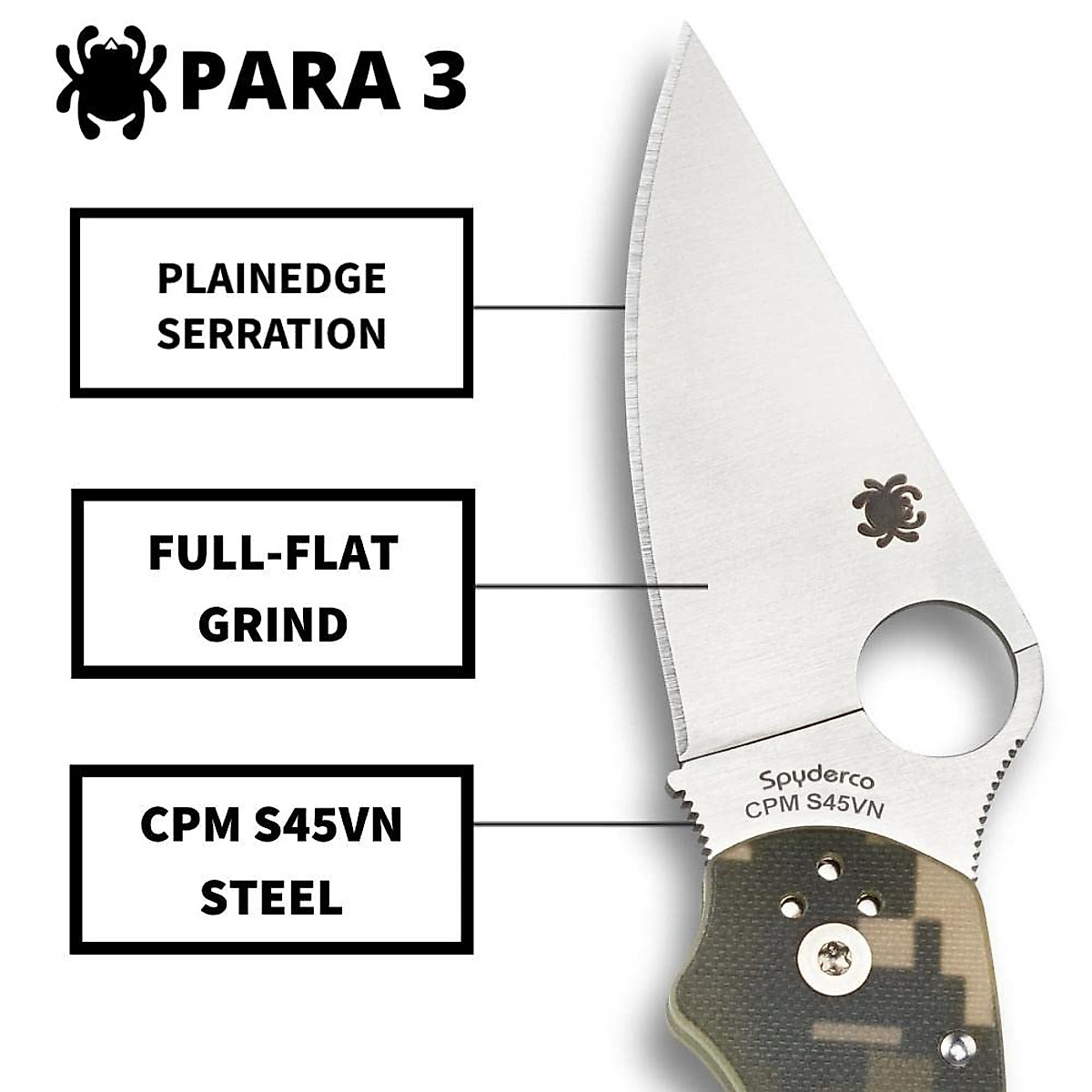 Spyderco Para 3 Camo 7.24" Signature Knife with 2.95" Stainless Steel Blade and Durable G-10 Handle - PlainEdge Serration - C223GPCMO