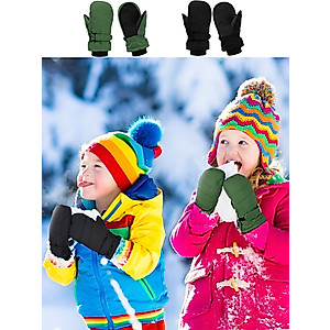 SATINIOR 2 Pairs Kids Snow Mittens Waterproof Winter Ski Gloves Warm Thicken Snow Gloves for Girls Boys (Black, Army Green, 3-5 Years)