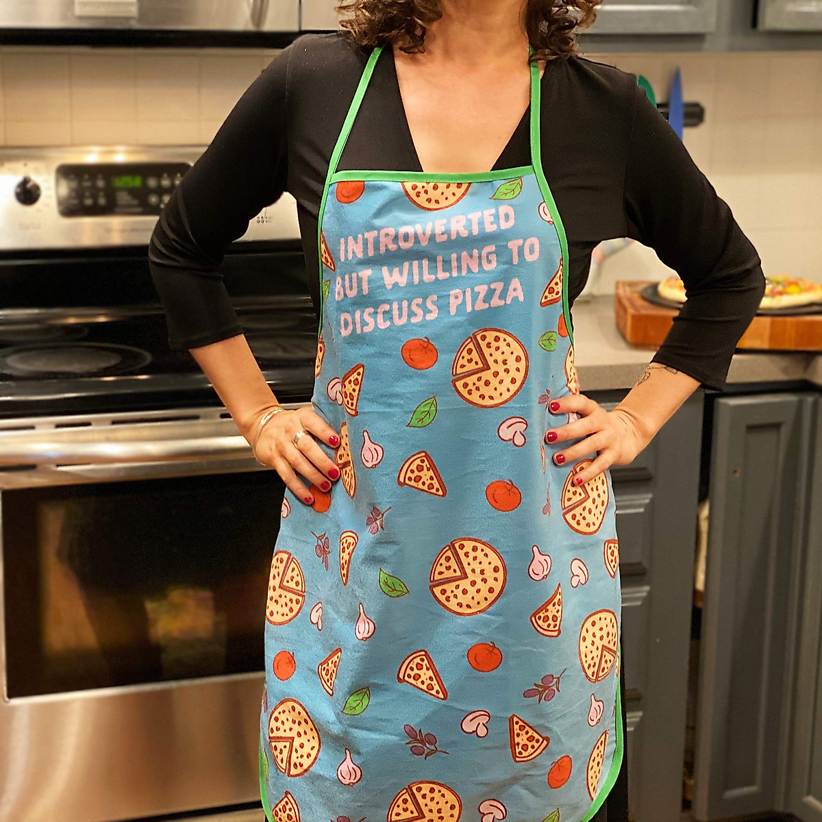 Introverted But Willing To Discuss Pizza Funny Baking Cooking Graphic Kitchen Accessories Funny Graphic Kitchenwear Funny Food Novelty Cookware Blue Oven Mitt