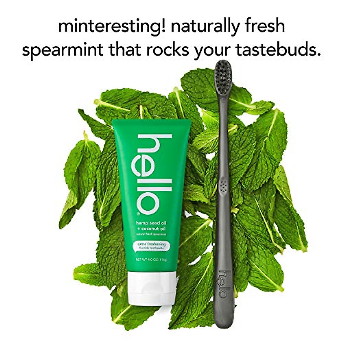 Hello Vegan Fluoride Toothpaste, Moisturizing Hemp Seed Oil + Coconut Oil, Super Fresh Family Farmed Spearmint, Naturally Whitening Toothpaste, Helps Remove Plaque, 4 Ounce