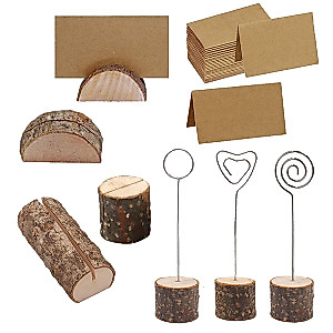 30 Pcs Rustic Wood Place Card Holders, Real Wooden Base Memo Photo Clip, Party Wedding Table Numbers Cards Holder Stand Wooden Bark Memo Holder (Heart)