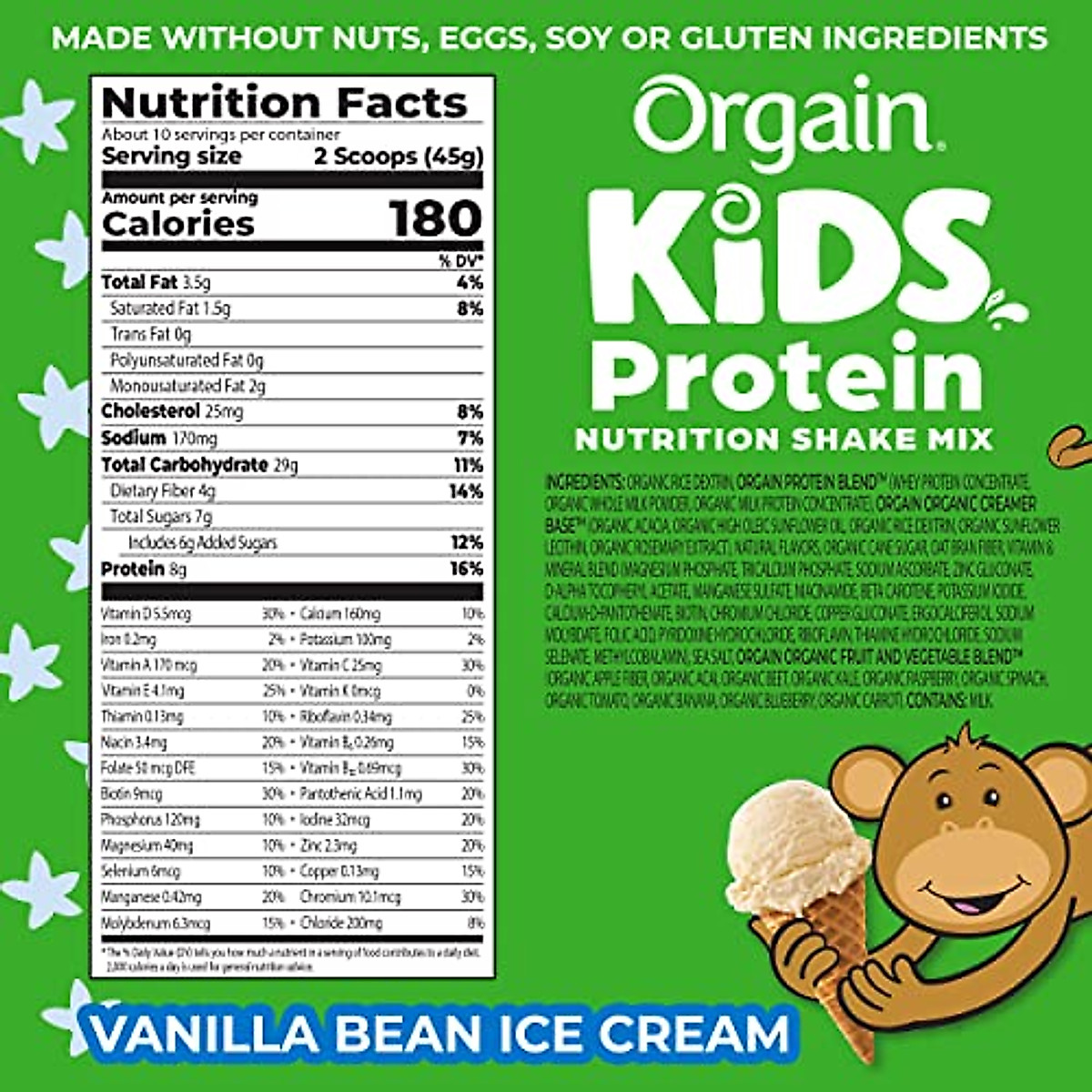 Orgain Kids Protein Powder Shake Mix, Vanilla Bean Ice Cream - 8g Grass-Fed Dairy Protein, 4g Fiber, 22 Vitamins & Minerals, Gluten Free, No Soy Ingredients, Adds Healthy Nutrients to Kids Snacks, 1lb