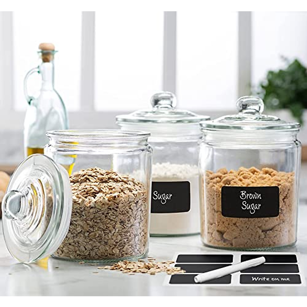 3pc Canister Sets for Kitchen Counter + Labels & Marker - Glass Cookie Jars with Airtight Lids - Food Storage Containers with Lids Airtight for Pantry - Flour, Sugar, Coffee, Cookies, etc.