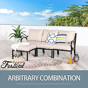Festival Depot Patio Ottoman Metal Footstool with Thick Cushion Small Seat All Weather Outdoor Furniture for Porch Deck Garden (Beige)