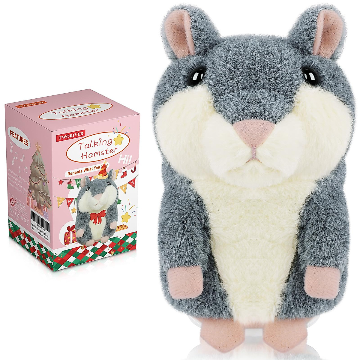 TWORIVER Toddler Toys Talking Hamster Repeats What You Say,Toys for 2 3 4 5 6 7 8 13 Year Old Girl Boy Birthday Gifts Ideas,Valentines Day Gifts for Kids Adults Easter Stuffed Animals Plush Toy Gray