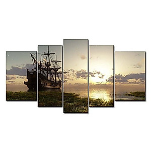 Pirate Ship Nautical Wall Art Viking Ship 5 Panel Painting The Picture Prints On Canvas Modern Artwork for Living Room Home Decor